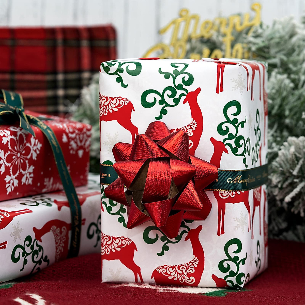 MAYPLUSS Christmas Reversible Wrapping Paper - Mini Roll - 17 Inch X 32.8 Feet- Red Green Reindeer Design (47.3 sq.ft.ttl)