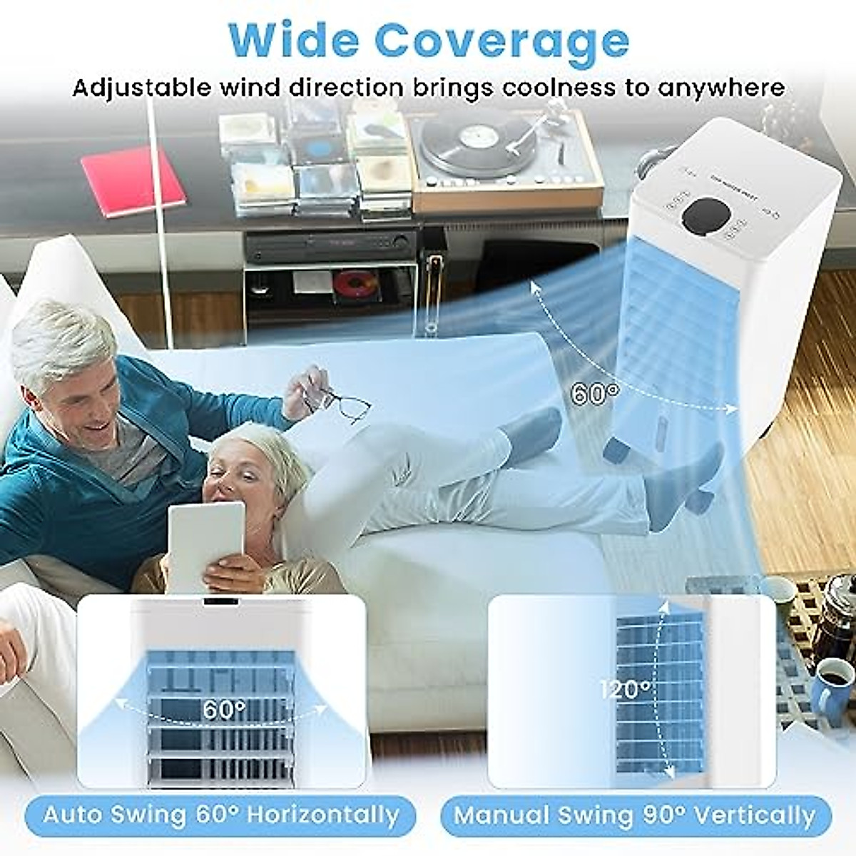 PETSITE Evaporative Air Cooler, 3-in-1 Swamp Cooler Remote Control, 3 Modes, 3 Wind Speeds, 60° Oscillation, 12H Timer, Water Tank & Ice Packs, Portable Air Cooler for Bedroom