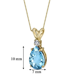 PEORA 14K Yellow Gold Swiss Blue Topaz with Diamond Pendant for Women, Genuine Gemstone Birthstone Elegant Teardrop Solitaire, Pear Shape, 10x7mm, 2.30 Carats total