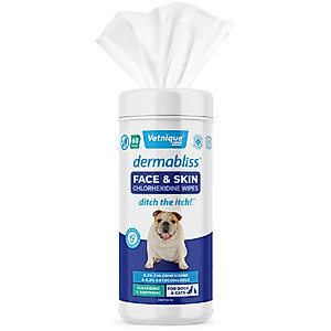 Vetnique Dermabliss Dog Face Wipes - Medicated Chlorhexidine Wipes for Dogs with Wrinkles, French Bulldog, English Bulldog Dog Grooming Wipes Cleaning & Deodorizing Dog Wipes 60ct