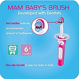 MAM Baby Toothbrushes (2 Baby's Brushes and 1 Safety Shield), Toothbrushes with Brushy the Bear Character, Interactive App, For Boys 6+ Months, Blue