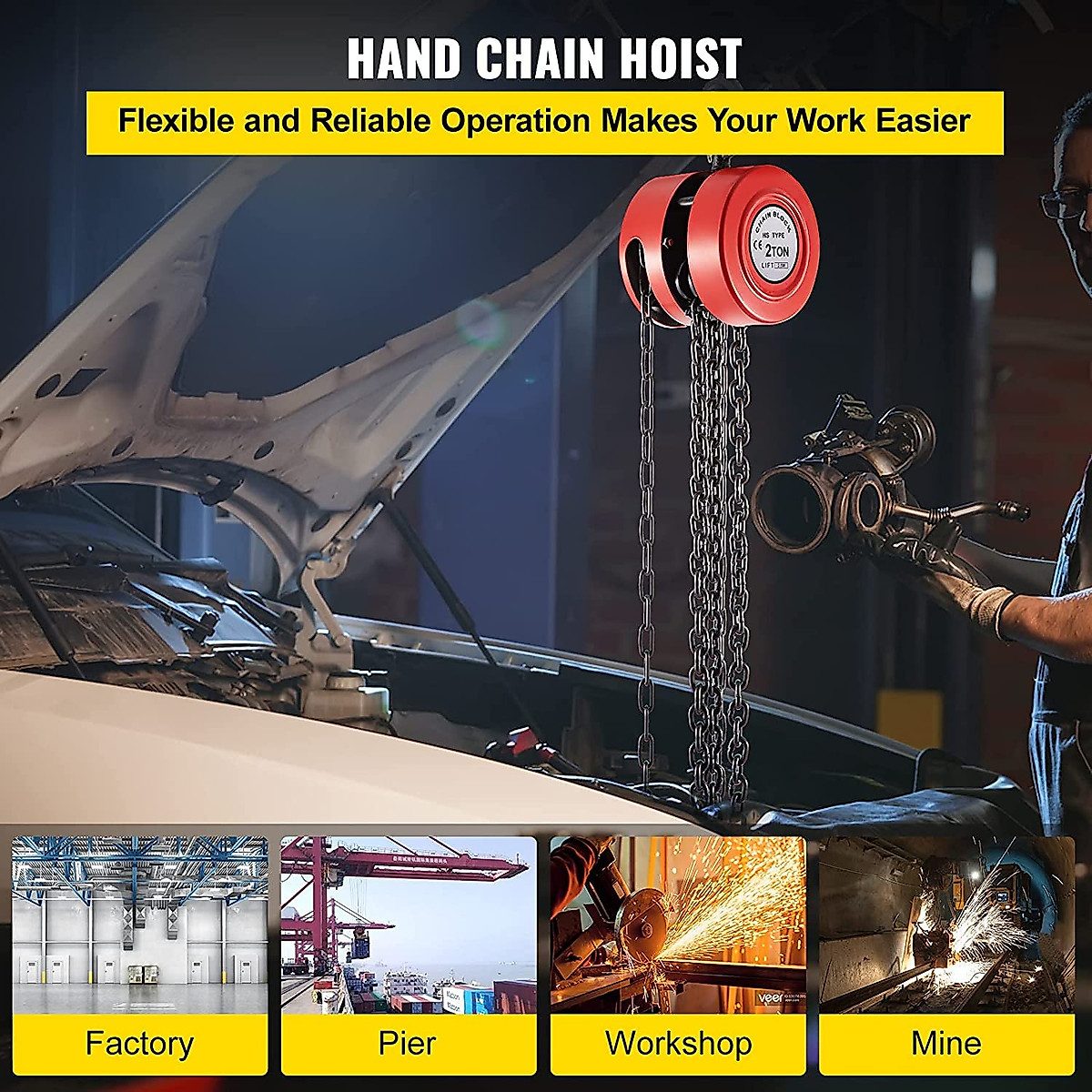 VEVOR Hand Chain Hoist, 4400 lbs /2 Ton Capacity Chain Block, 8ft/2.5m Lift Manual Hand Chain Block, Manual Hoist w/Industrial-Grade Steel Construction for Lifting Good in Transport & Workshop, Red