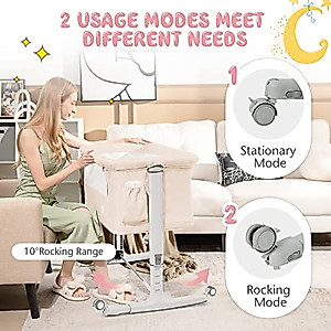 BABY JOY Bassinet Bedside Sleeper, 3 in 1 Folding Crib w/Adjustable Height, Mattress, Lockable Wheels, Storage Pocket & Carry Bag for Infant Newborn, Stationary & Rock, Portable Baby Bassinet (Beige)