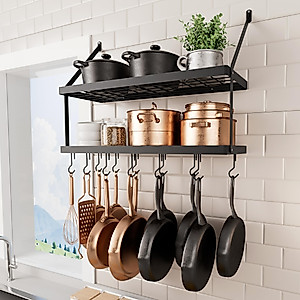 KES 30-Inch Pot Rack 2 Tier Pan Rack for Kitchen Wall Mounted Pot Organizer with 12 S-Hooks Heavy-Duty Matte Black, KUR218S75B-BK