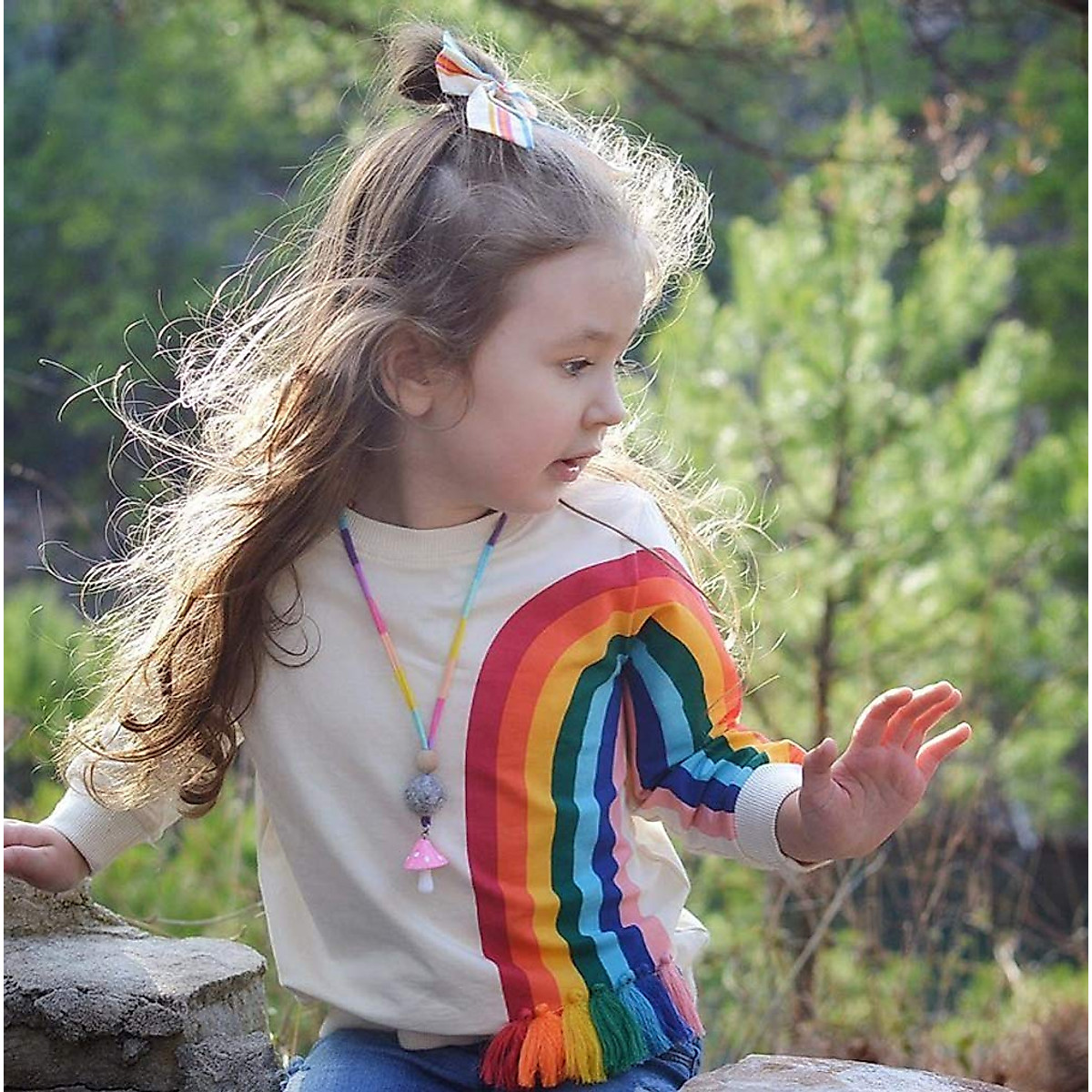 Toddler Kids Baby Girl Boy Long Sleeve Tassel Rainbow Sweatshirt Casual Shirt Pullover Tops (Beige, 12-18 Months)