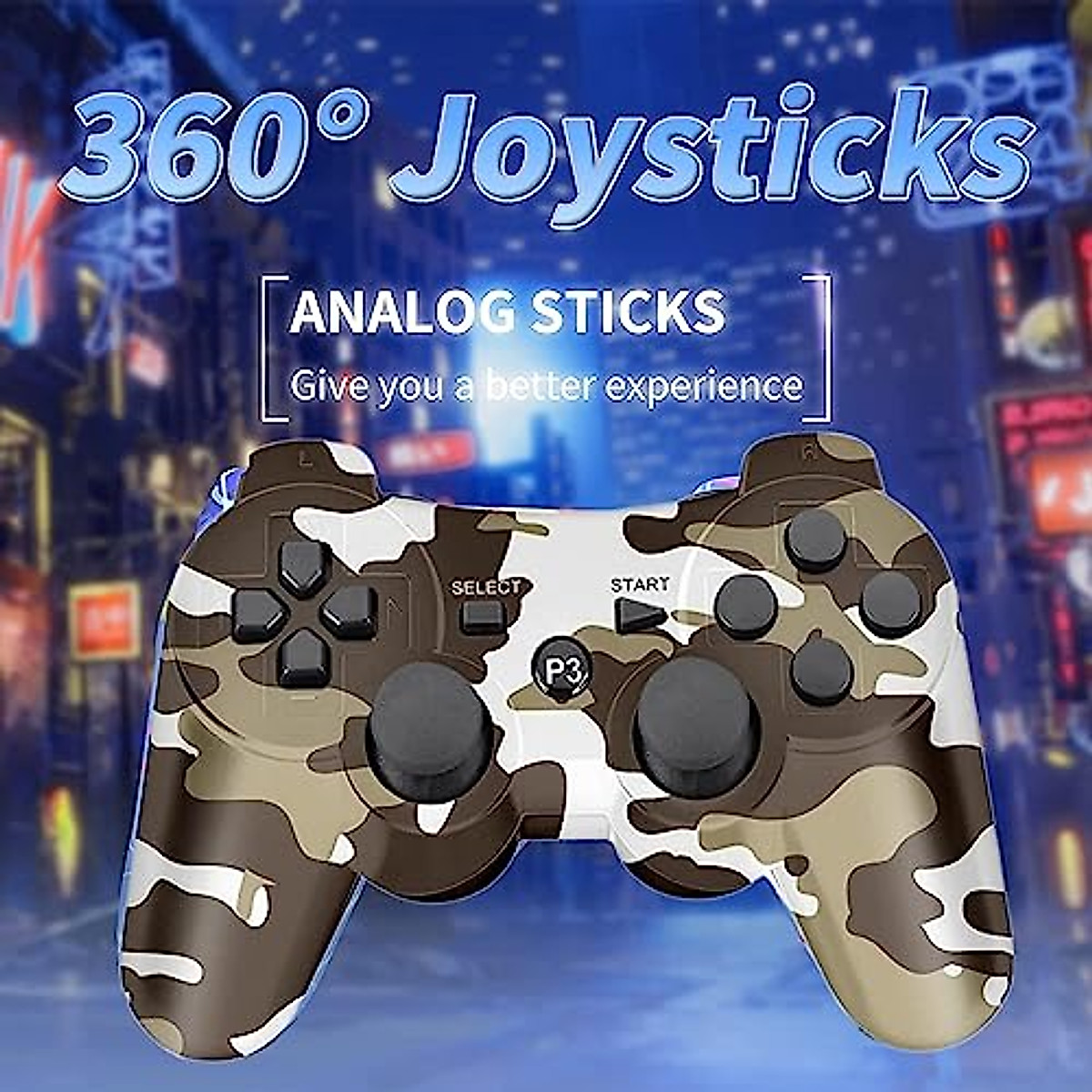 Rzzhgzq 2 Pack PS3 Wireless Controller Playstation 3 Controller Wireless Bluetooth Gamepad with USB Charger Cable for PS3 Console (Camo Brown+ Camo Blue)
