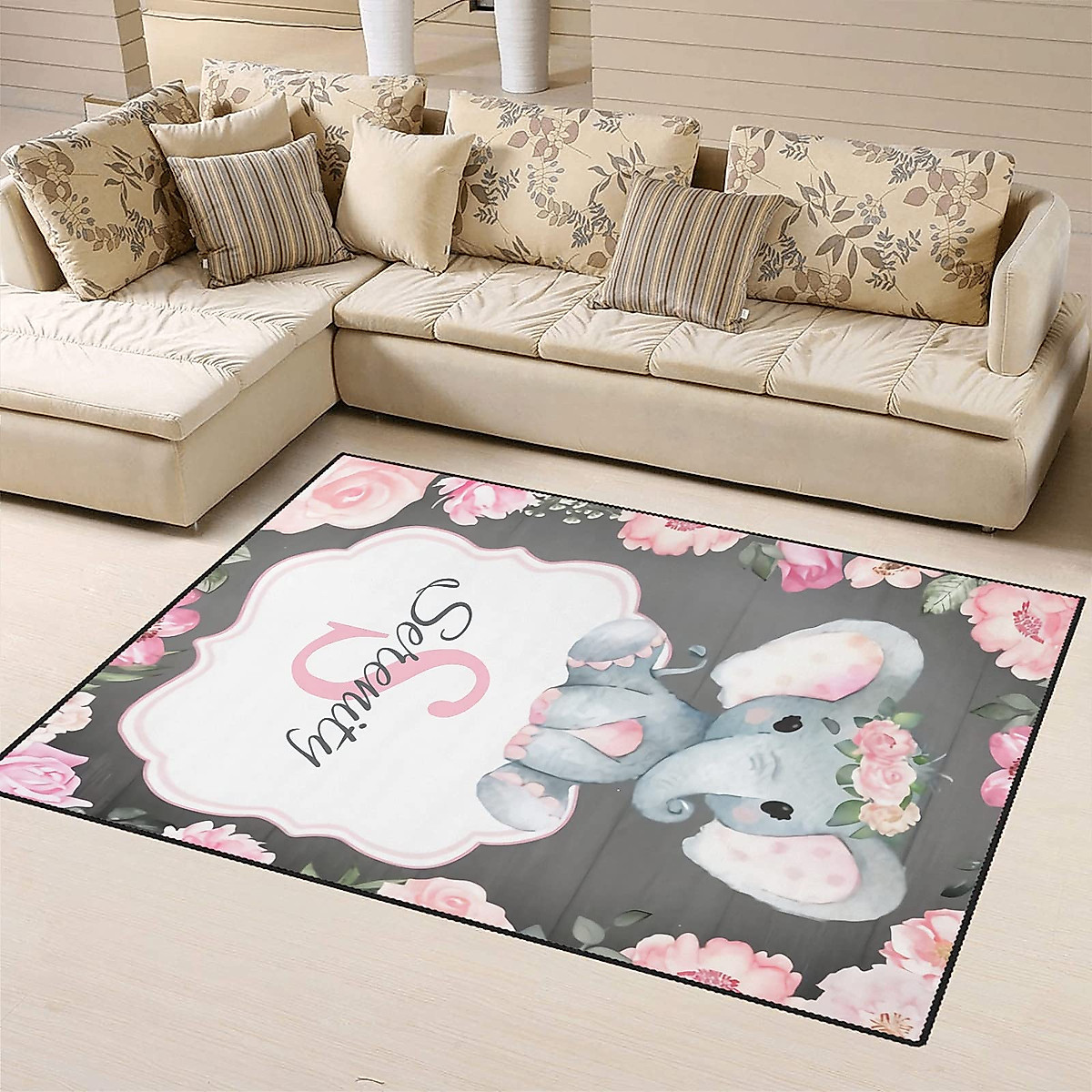 XOZOTY Custom Name Watercolor Elephant Pink Flower Area Rug Living Room Pad Nursery Kids Play Mat Entrance Exit Doormats 4'x5.2'