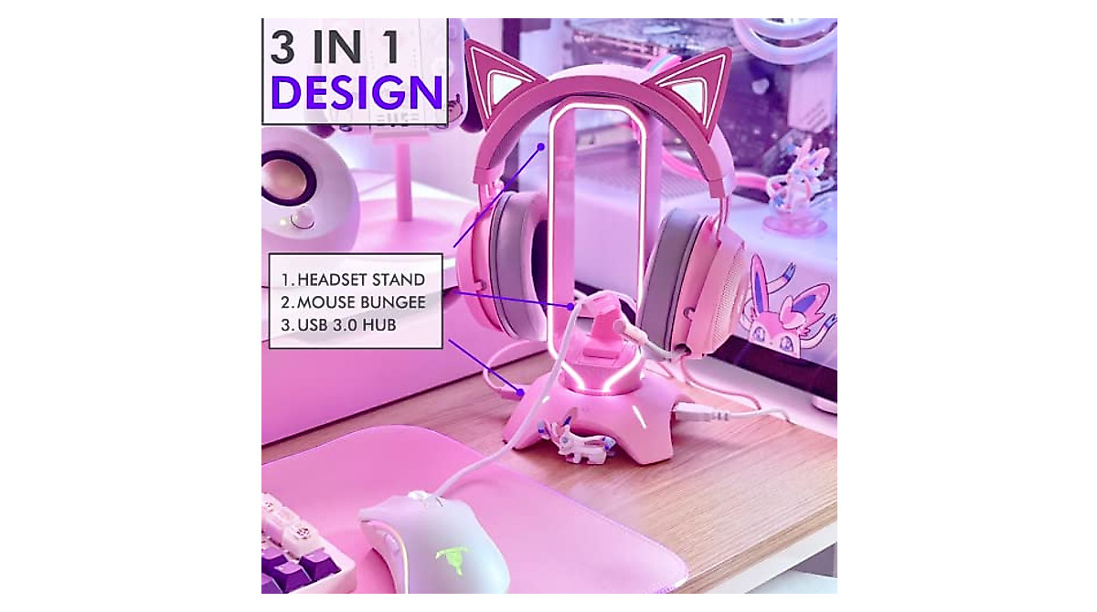 RGB Gaming Headset Stand with USB Hub & Mouse Bungee - Pink 3-in-1 ...