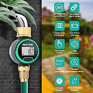 RESTMO Water Flow Meter with 360° Rotatable Control Panel, Brass Inlet & Outlet, Measure Gallon/Liter Consumption and Flow Rate for Garden Hose Nozzle Watering, RV Water Tank Filling, Lawn Sprinkler