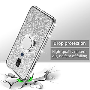 for Cricket Icon 3 Phone Case (3rd Version) Cute Girls Women Glitter Soft Silicone Case with Ring Stand Strap Lanyard Shockproof Protection Cover for Cricket Splendor / At&t Motivate 2 (2nd) - Silver