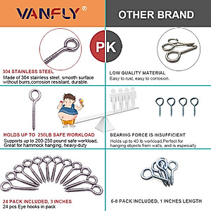 24 Pack, 3-1/5 Inch 304 Stainless Steel Eye Shape Screws Metal Hook, Heavy Duty Hanging Hooks Eyelet Screws Bolt for Yoga & Brazilian Hammocks, Swing Chair, M6 Screw (Style B)