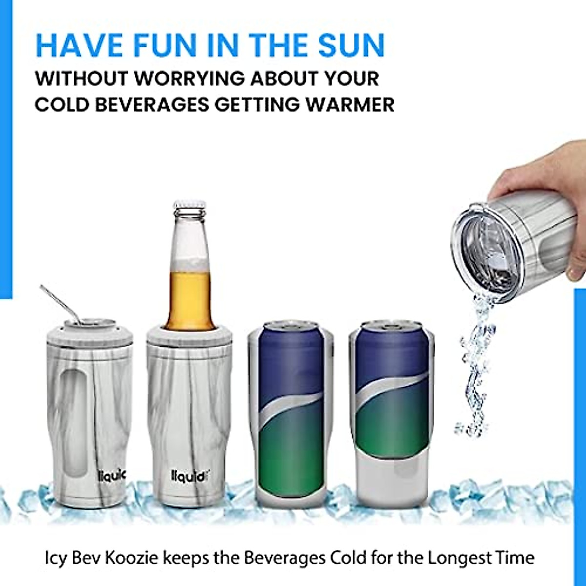 Icy Bev 4 in 1 Can or Bottle Insulator, Koozies to Keep Beer, Soda, Seltzer or More Ice Cold For 12 Hours. Insulated Can Cooler,Works Universally for Glass Bottles and Aluminium Cans,Insulated Tumbler