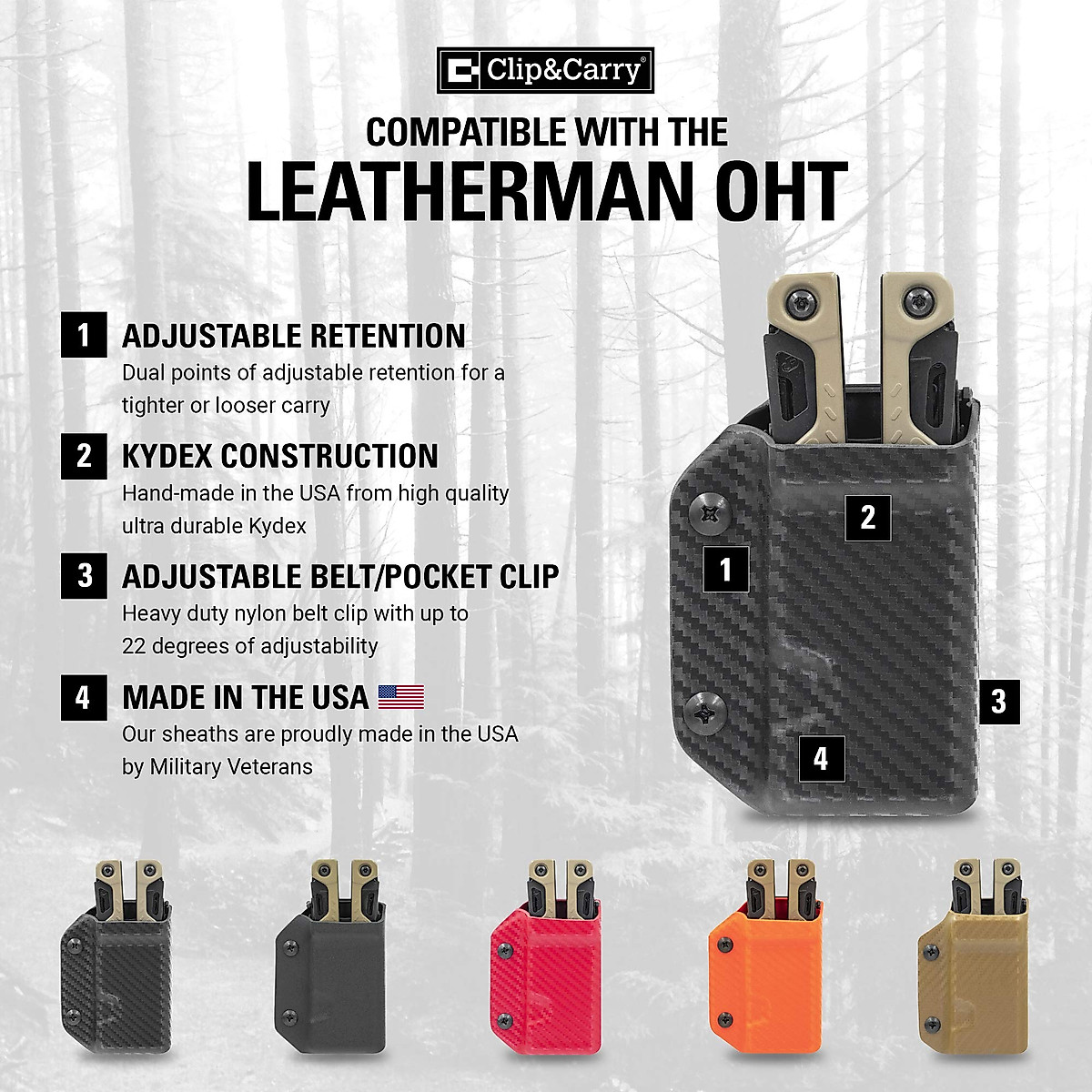 Clip & Carry Kydex Multitool Sheath for LEATHERMAN OHT - Made in USA (Multi-tool not included) EDC Multi Tool Sheath Holder Holster Cover (Carbon Fiber Black)