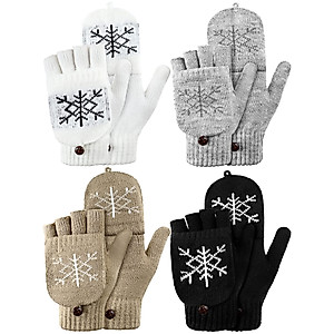 4 Pairs Women Knitted Winter Fingerless Gloves Thermal Convertible Knit Flip Wool Gloves Warm Half Finger Mittens for Women (White, Black, Gray, Khaki, Snowflake Style)