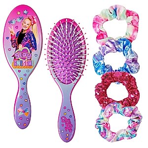 LUV HER Nickelodeon Jojo Siwa Hair Brush & 4 Scrunchies - Girls 9inc Hair Set, Detangling Brush for Thick Curly Thin Wet or Dry Hair - Hair Accessories for Kids Ages 3+