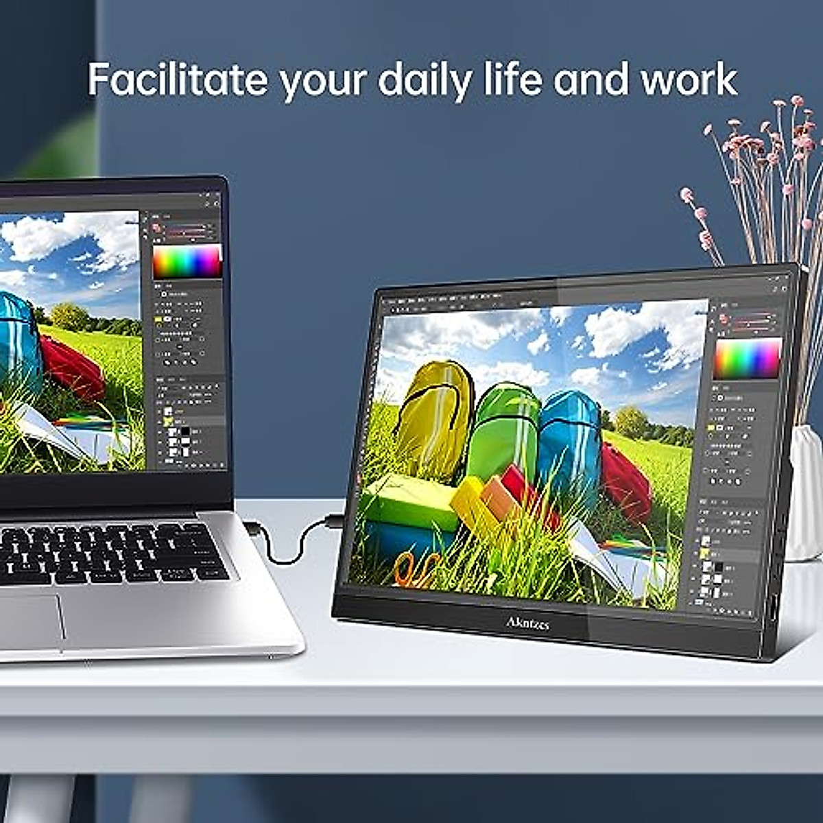 Akntzcs Portable Monitor, 14 Inch FHD 1080P USB-C Laptop Monitor HDMI Computer Display HDR Eye Care IPS Screen, External Travel Monitor for Laptop PC