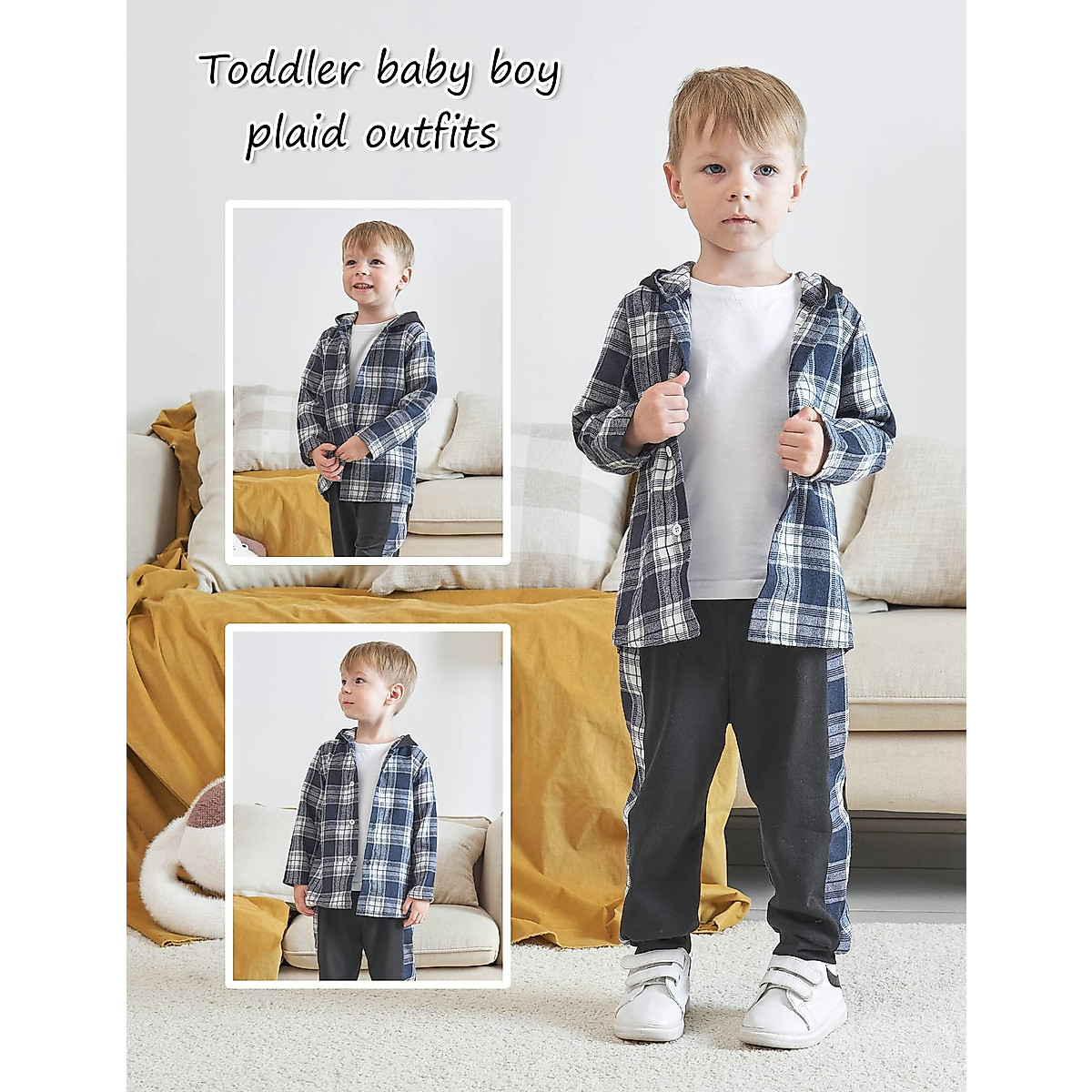 Fuermos Toddler Baby Boys Clothes Flannel Lattice Button Down Hooded Tops +Pants Boys Fall Winter Outfits(5-6T)