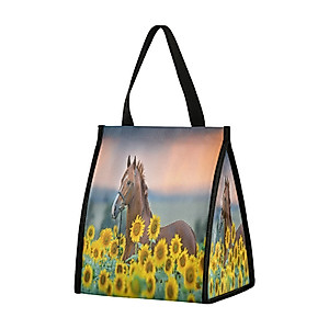Reusable Lunch Bag Horse Sunflowers Insulated Lunch Box Lunch Tote with Aluminum Foil, Handbag for Office School Kids Teen
