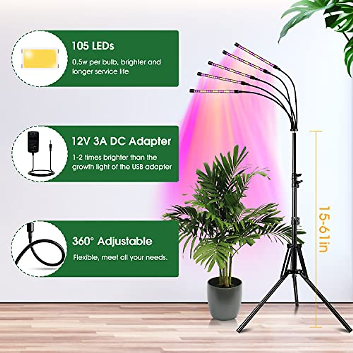 Wolezek Grow Lights for Indoor Plants, Upgraded [5-Heads] Full Spectrum Plant Lights with Stand, LED Plant Grow Lights Indoor with Auto 4/8/12H Timer, Dual Remote, Adjustable Tripod 15-61in