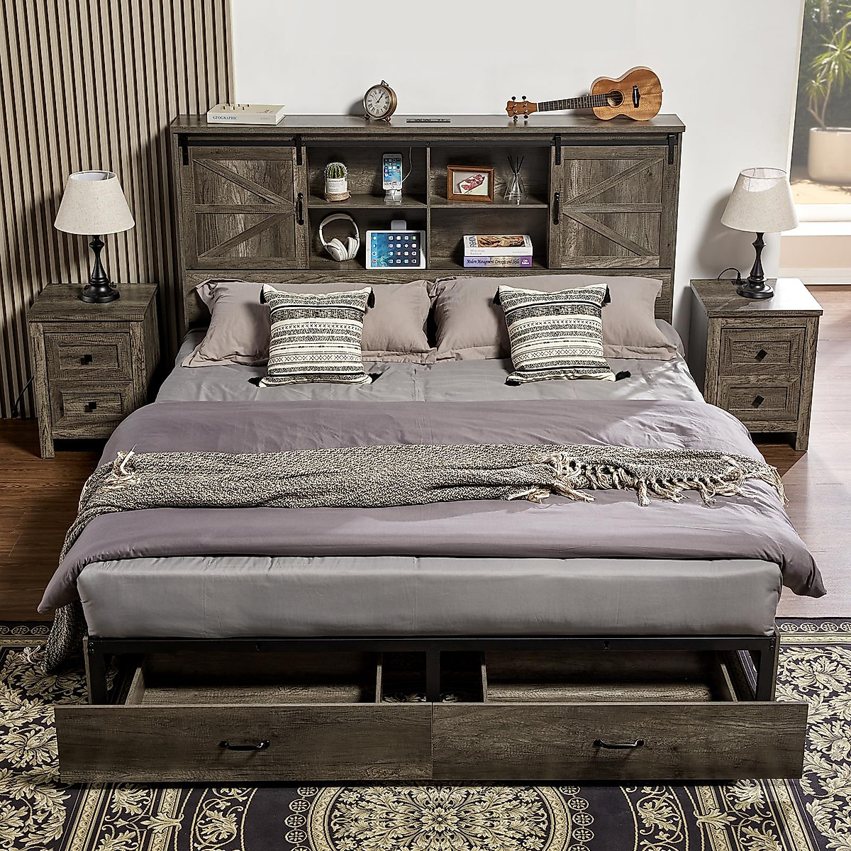VanAcc King Size Bed Frame, Wooden Platform Storage Bed with 51.2" Bookcase Headboard, 2 Drawers, Charging Station/No Box Spring Needed/Noise Free(Rustic Grey)