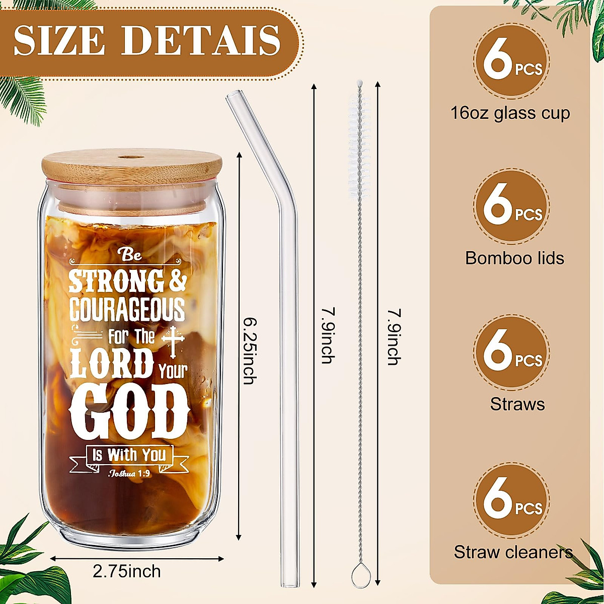 Suttmin 6 Pcs Christian Gifts for Women Religious Gifts Iced Coffee Cups, 16 Oz Drinking Glasses with Bamboo Lids and Straw Set Inspirational Birthday Gifts for Sister, Friend, Mom, Coworker