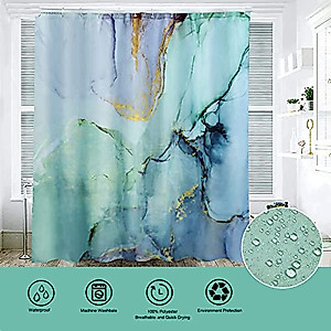 Apprekt 4Pcs Blue Marble Shower Curtain Sets with Rugs, Bathroom Curtains Shower with Non-Slip Rug，Fabric Shower Curtain Modern Bathroom Accessories Decor with Bath Mats(72 x 72 Inch)