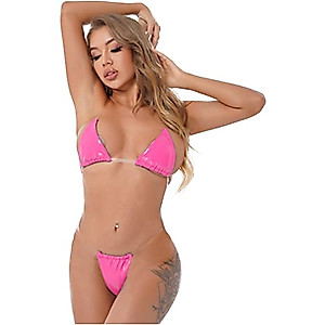 Fldy Women Invisible Straps Sexy Brazilian Bikini Set Latex Shiny Metallic Swimsuit Triangle Bathing Suit Hot Pink Medium