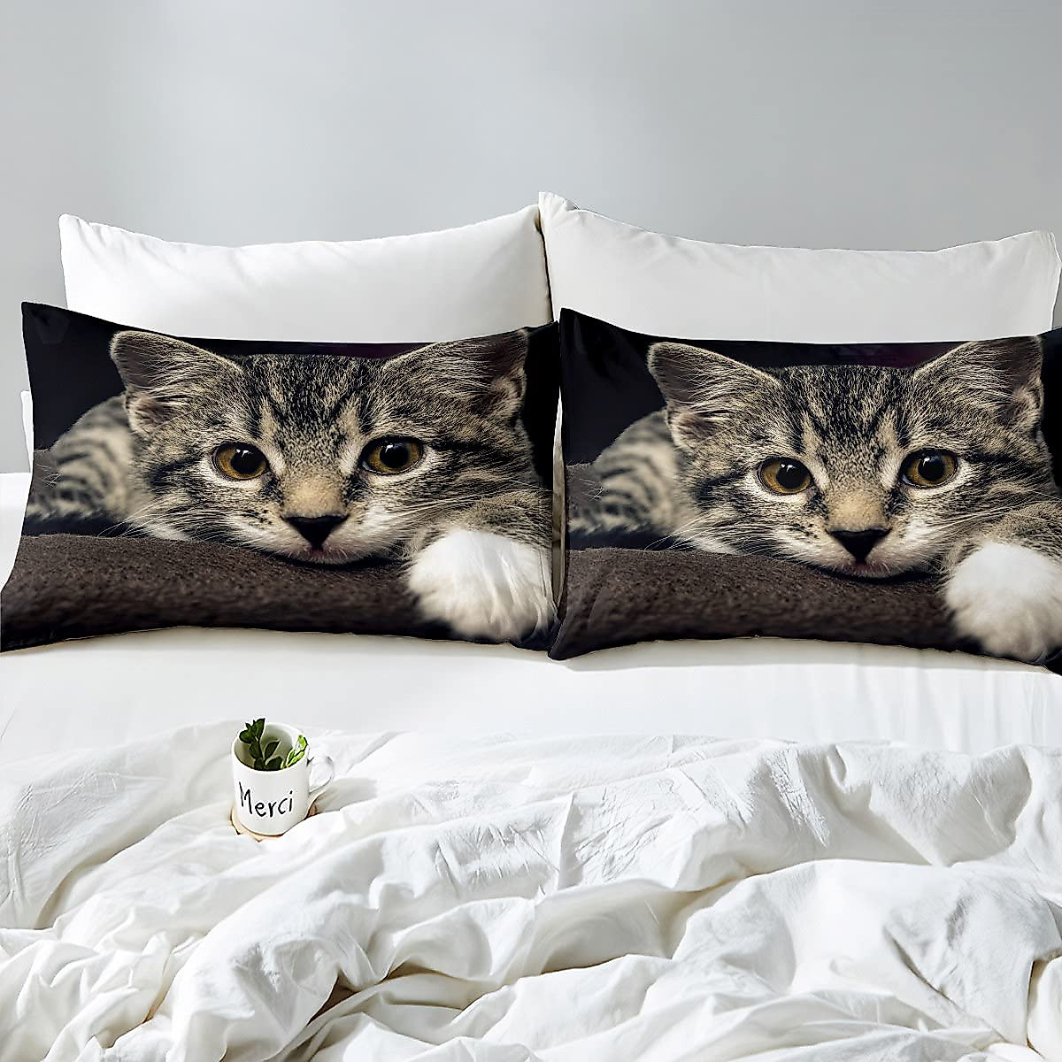 Feelyou Cats Comforter Set 3D Animals Pattern Bedding Set for Kids Boys Girls Pet Cat Kitten Decor Comforter Brown Grey Quilt Set Room 3Pcs Queen Size