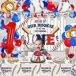 Baseball 1st Birthday Party Supplies, Includes Rookie of The Year Banner, Backdrop, Tablecloth, Balloons, Plates, Napkins, Cups and Straws for Boys Baby First Baseball Party Decor, Serves 20 Guests