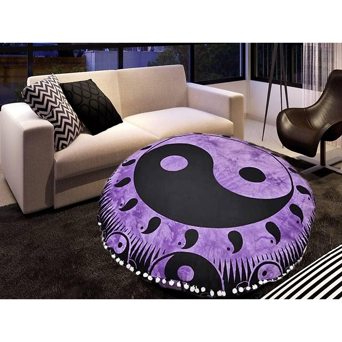 My Dream Carts 32" Floor Cushion “Cover Only” Round Yin Yang Boho Mandala Bedroom Bohemian Throw Seating Big Pillows for Yoga Balcony Garden Party Home Decor Purple (32” Pillow Cover, Without Insert)