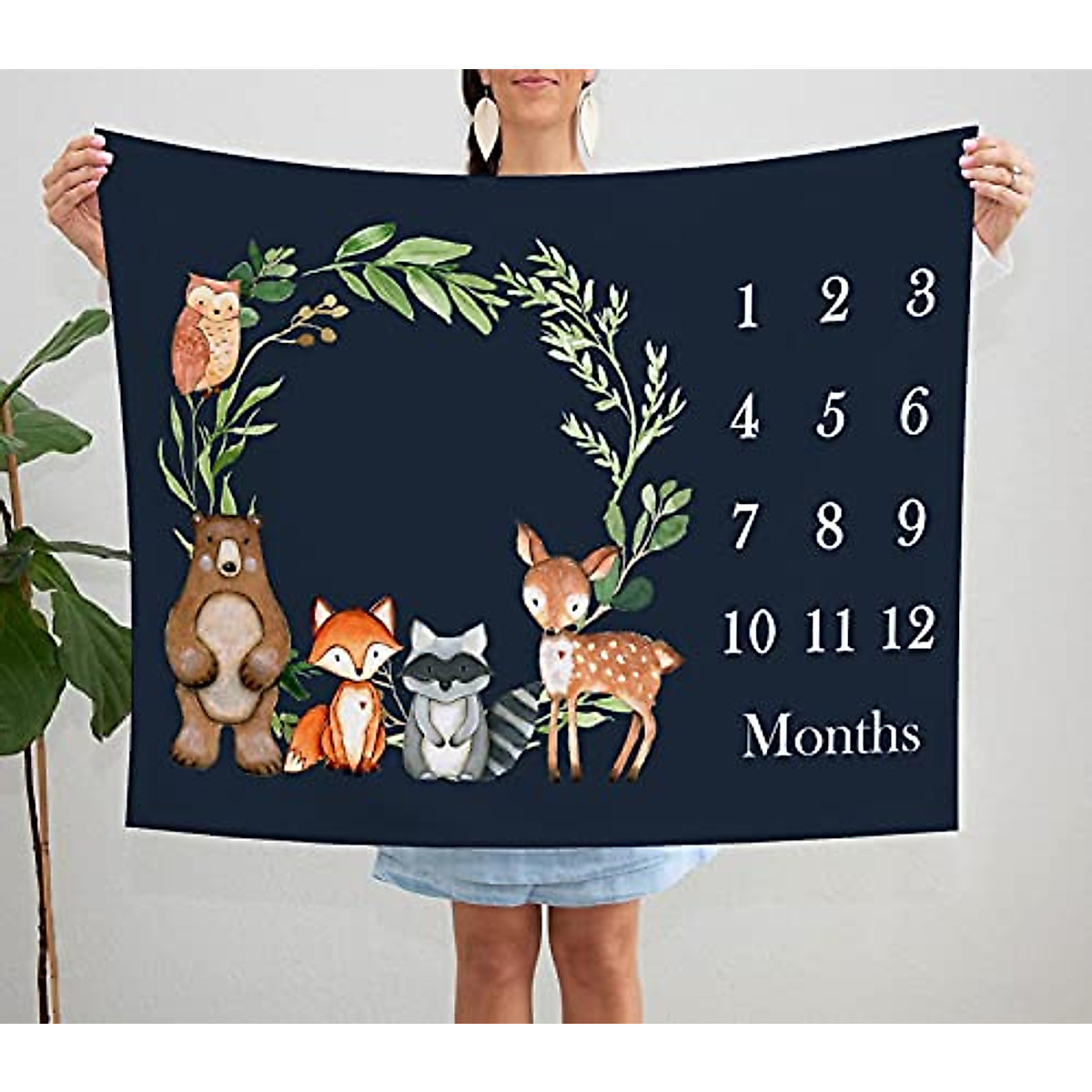 Popfavors Yuzioey Woodland Baby Monthly Milestone, Woodland Greenery Baby Growth Chart Monthly Blanket, Watch Me Grow Baby Forest Nursery Gift for New Moms Baby Shower, Includes Marker (Black, 50x40)