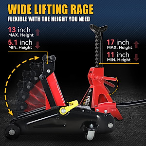 Auto Dynasty 2 Ton Floor Jack with Jack Stands, Heavy Duty Steel Hydraulic Racing Floor Jack with Single Piston Quick Lift Pump, Hydraulic Trolley Service Car Jack, Red/Black