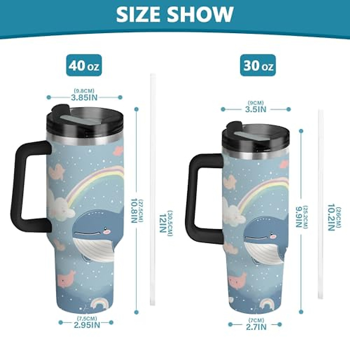 FRCSDIY Rainbow Whale Insulated Tumbler with Handle and Straw Lid,30oz Leakproof Stainless Steel Cup BPA-Free Water Bottle