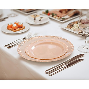Posh Setting Posh Disposable Vintage Plastic Plates Set - Heavy Duty Vintage Dinnerware, 60 Pack with 30 Appetizer & 30 Dinner Plates for Wedding, Pink/Blush