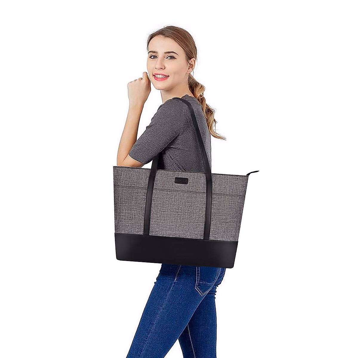 MOSISO Laptop Tote Bag for Women (17-17.3 inch), Polyester PU Leather Lightweight Business Travel School Bag with Front 3 Pockets