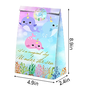 XGELUL Narwhal Party Favors Candy Bags with Stickers - Narwhal Goodie Gift Treat Bags - Narwhal Themed Birthday Party Supplies