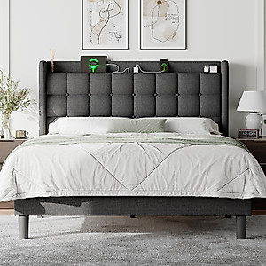 Feonase Queen Bed Frame with Charging Station, Upholstered Platform Bed Frame with Wingback Storage Headboard, No Box Spring Needed, Easy Assembly, Dark Grey