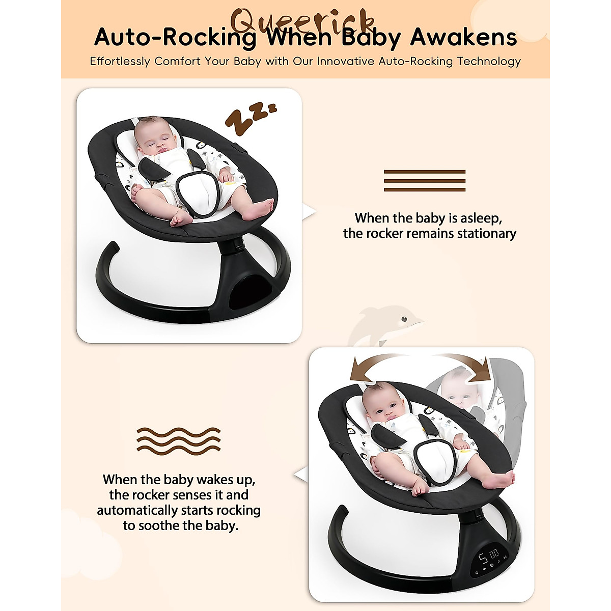 Baby Swing for Infants to Toddler Portable Babies Swing Timing Function 5 Swing Speeds Bluetooth Touch Screen Music Speaker with 10 Preset Lullabies 5-Point Carabiner