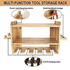 simesove Power Tool Organizer,Drill Holder Storage Wall Mounted with 6 Tool Organizer Slots, Wrench,Screwdriver and Circular Saw Storage,Solid Wooden Drill Charging Station