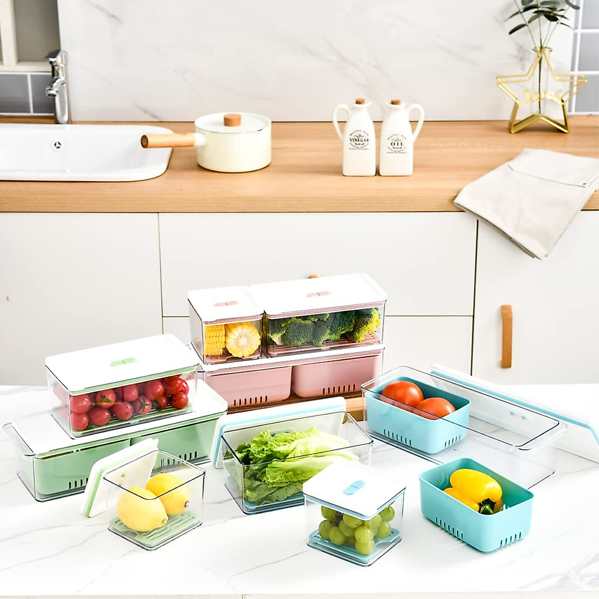 Lille Home Stackable Produce Saver, Organizer Bins/Storage Containers with Removable Drain Tray, Set of Six, for Refrigerators, Cabinets, Countertops and Pantry, BPA Free (Blue,Set of Six)