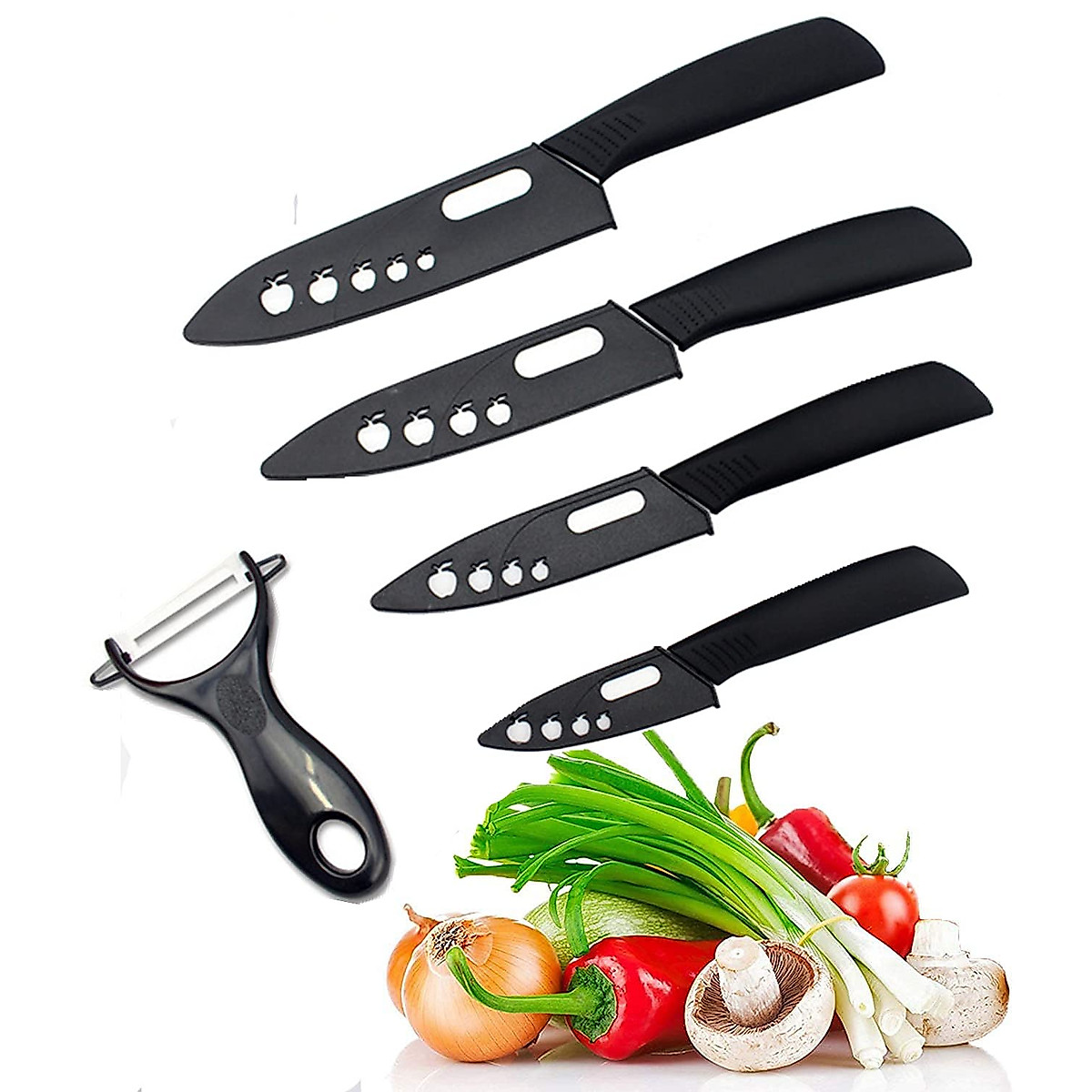 Ceramic Knife Set of 5,Sharp Ceramic Knife with Sheath,Steak Knife,Black Kitchen Knives With Anti-Slip handle,Includes 6"Chef Knife,5"Utility Knife,4"Vegetable Knife,3"Paring Knife,1''Fruit Peeler