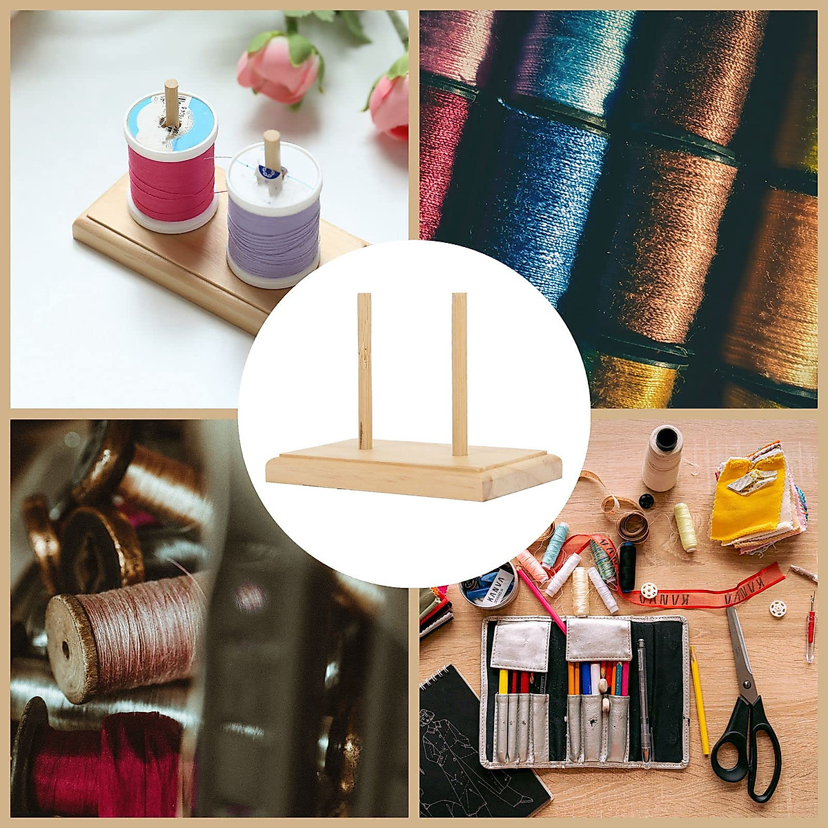 Wooden Hand Spinning Holder Spinning Yarn Ball Holder Wool Skein Thread Dispenser Embroidery Stitching Thread Holder Thread Spool Bobbin Rack Organizer with 2 Shaft