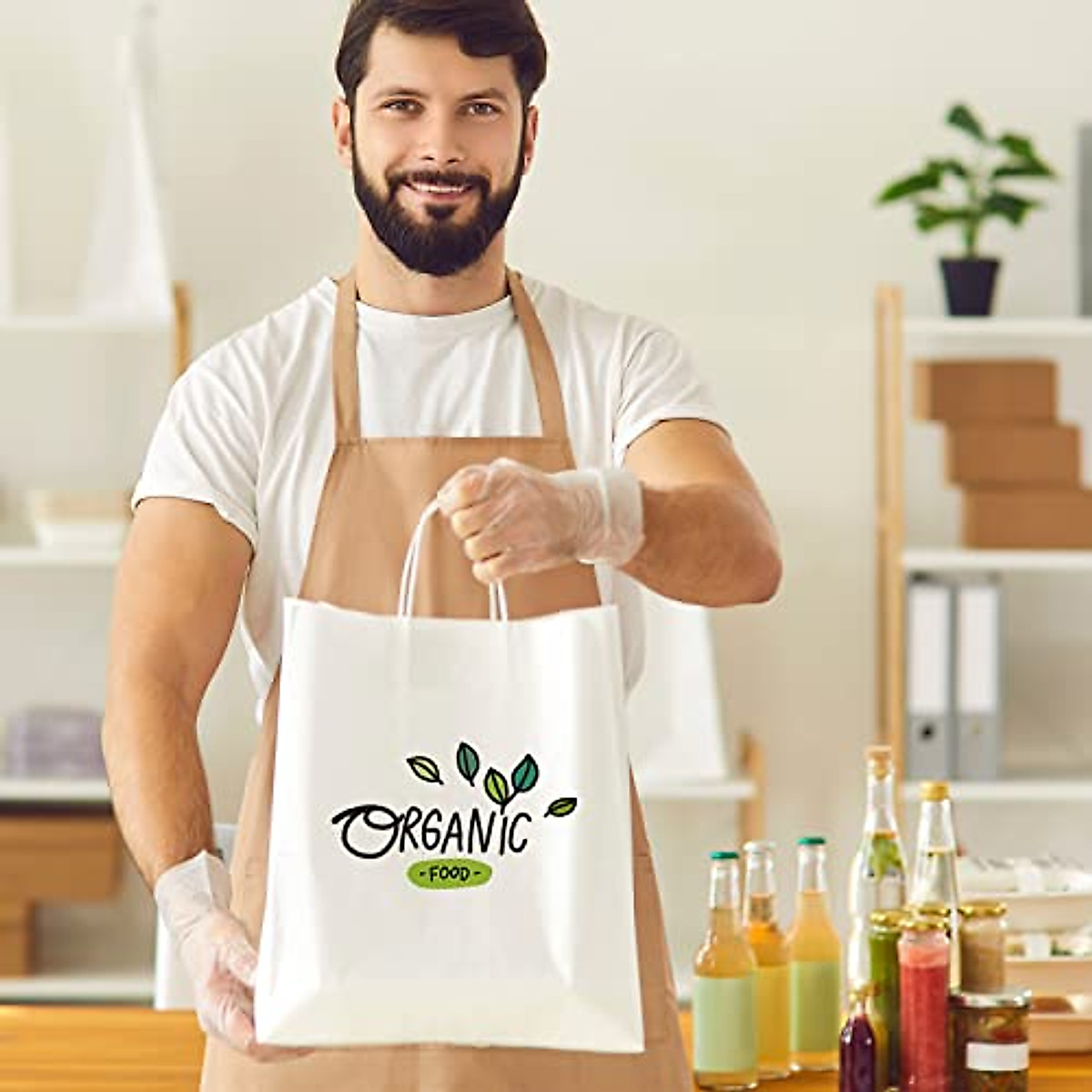 Moretoes 90pcs White Paper Bags with Handles 10x5x13 Inches Kraft White Gift Bags with Handles Bulk, Shopping Bags, Retail Bags for Small Business, Birthday Wedding Party Favor Bags