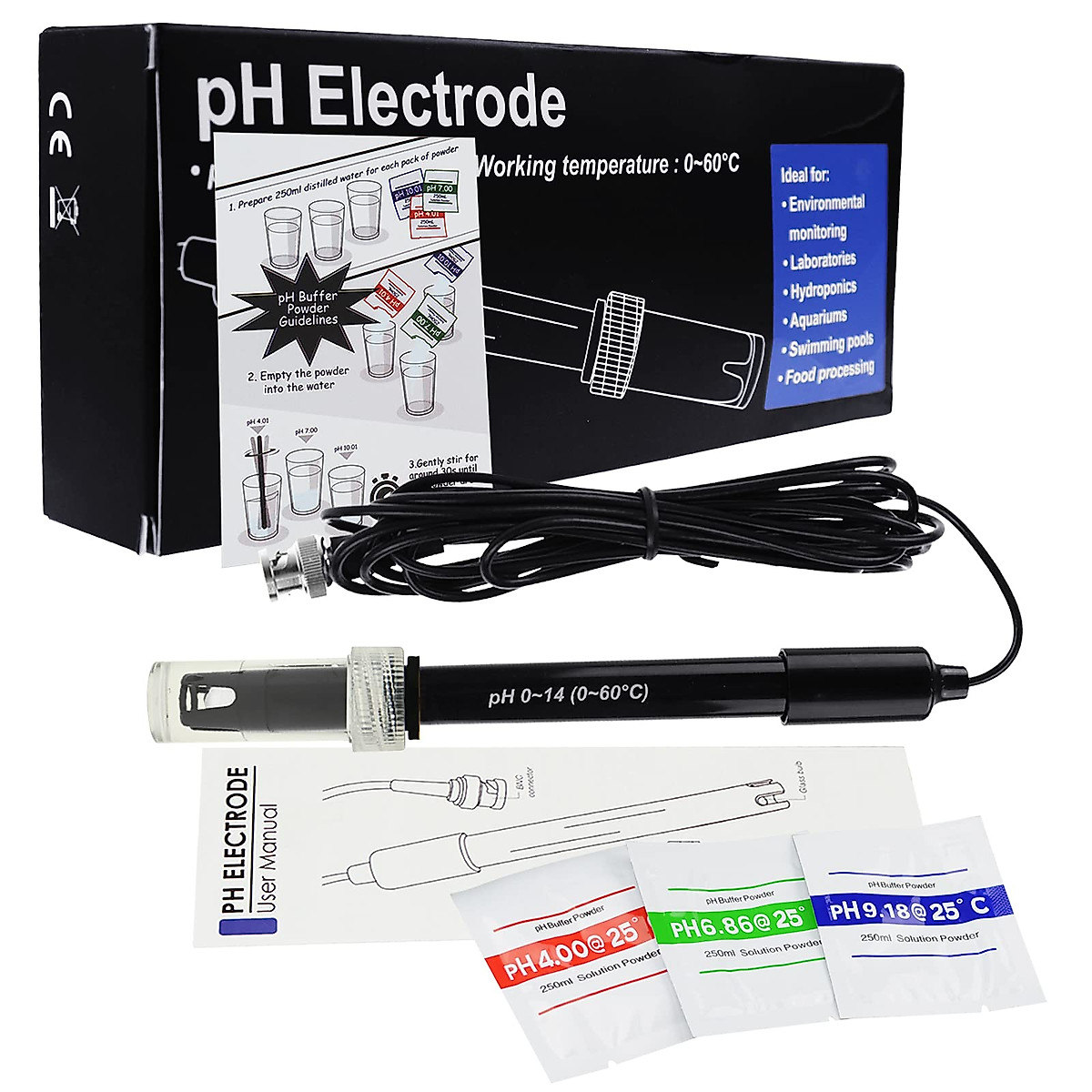 DANOPLUS 300 cm Long Cable Electrode Replaceable pH Probe (0-14 pH), BNC Connector with 6 Packets of Calibration Powder
