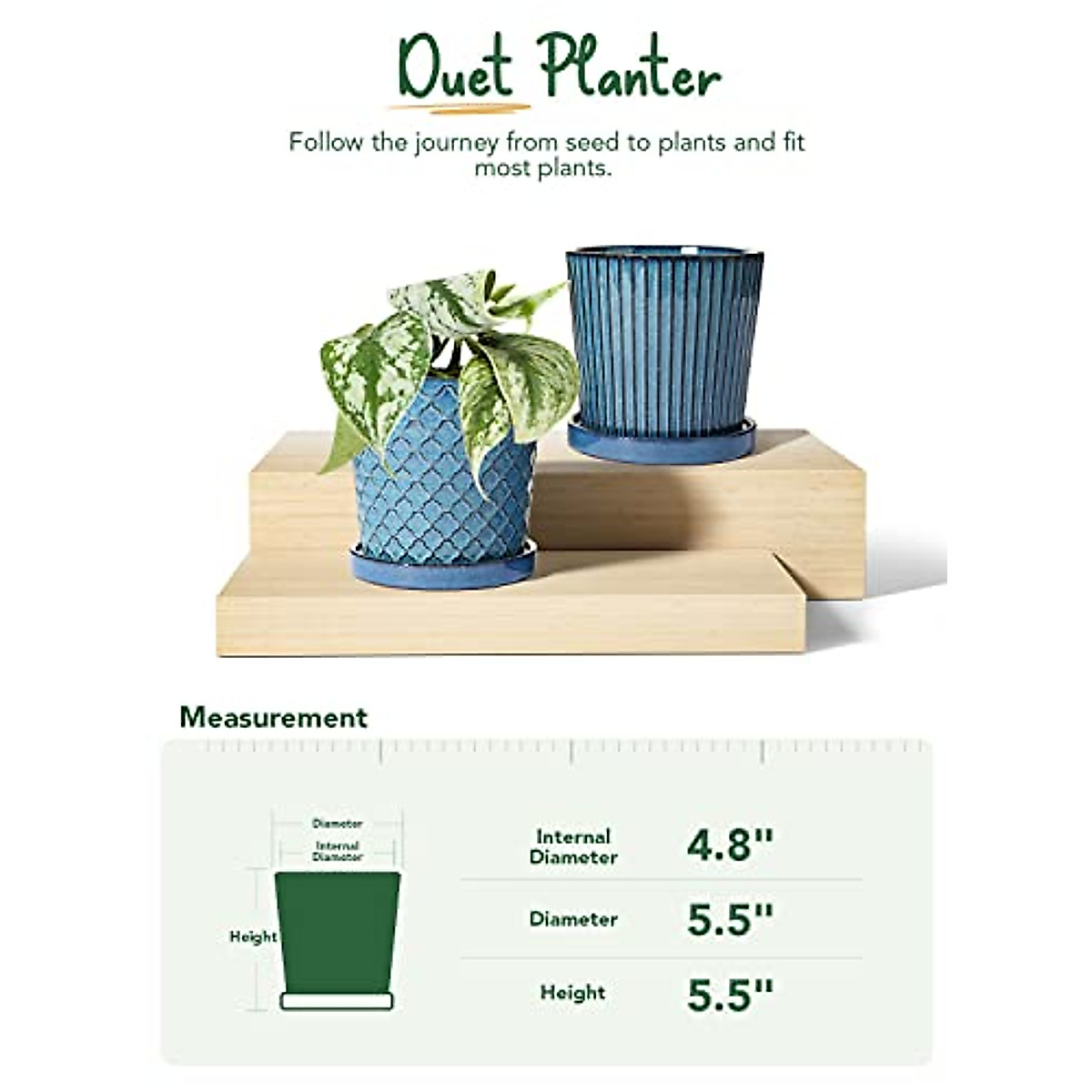 LE TAUCI Plant Pots, 5.5 Inch Pots for Indoor Plants, Planters with Drainage Hole and Saucer for Home or Office, Flower Pots for Succulent, Snake Plants and Cactus, Set of 2, Reactive Glaze Blue