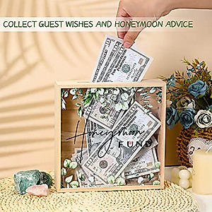 Unittype Honey Moon Fund Box Wedding Card Rustic Box Wooden Honeymoon Fund Box Fund and Card Wood Box Greenery Honeymoon Fund Shadow Box for Wedding Reception Party Bridal Shower Gift, 8 x 8 Inch