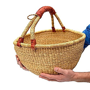 Deluxe Round Natural African Basket - Large 16" Round - by market women in Bolgatanga, Ghana with Africa Heartwood Project - GBLRN (Flat-packed)