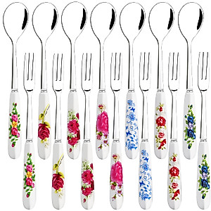 14 Pcs Dessert Forks and Spoons Silverware Set,Stainless Steel Small Appetizer Forks,Mini Coffee Spoons Salad Fork with Ceramics Handle,Cake Forks Tea Spoons for Dessert,Salad,Appetizer,Cocktail,Fruit