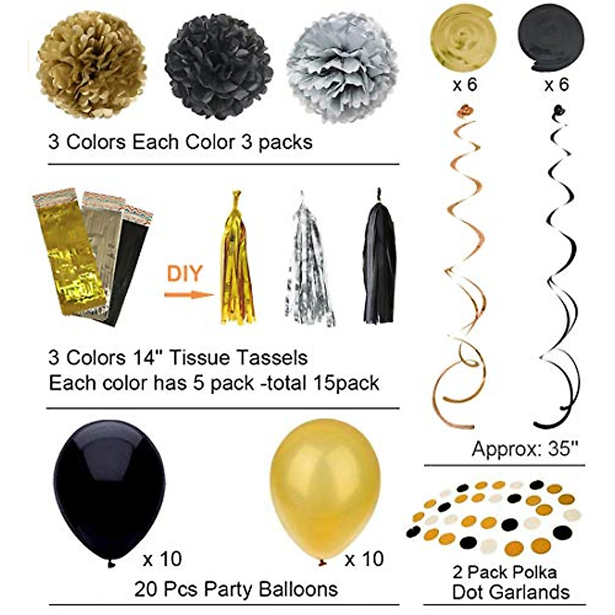 Black and Gold Party Decorations - Masquerade and Birthday Party Decorations with DIY Paper Pom Poms Flowers, Tassel Garland, Balloons, Hanging Swirl, Circle Paper Garland - 58Pcs