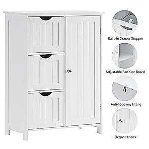 Reettic Bathroom Floor Cabinet, Wooden Freestanding Storage Cabinet, Side Storage Organizer with 1 Cupboard and 3 Drawers, Adjustable Shelf, 23.6" L x 11.8" W x 31.9" H, White BYSG101W